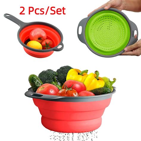 2 Pcs Set Foldable Silicone Colander Fruit Vegetable Washing Basket