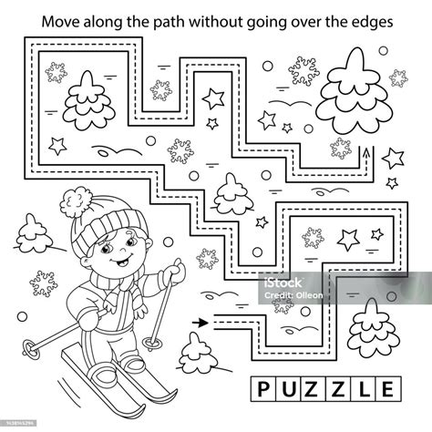 필기 연습 시트 간단한 교육 게임 또는 미로 만화 소년 스키의 색칠 페이지 개요 겨울 스포츠 아이들을위한 색칠하기 책 겨울에 대한 스톡 벡터 아트 및 기타 이미지 Istock