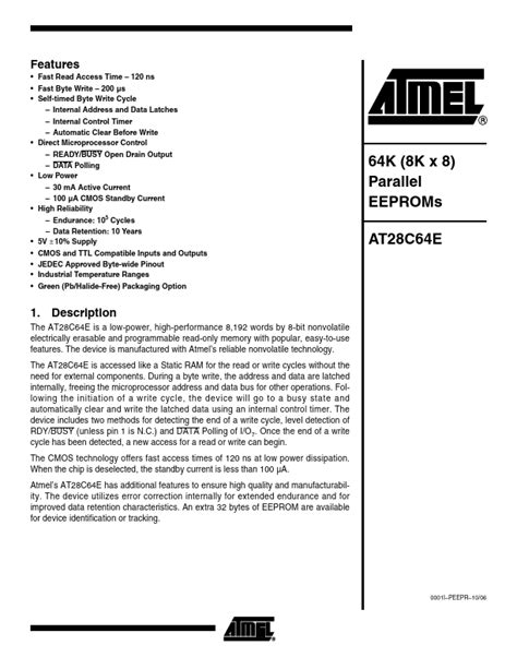 At28c64e Datasheet Eeproms Equivalent Atmel Corporation