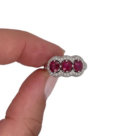 Three Stone Ruby And Diamond Accent Ring In 18k White Gold For Sale At