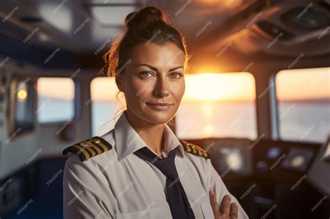 A Portrait Of A Resilient Female Ship Captain Standing Proudly On The Deck Of Her Vessel