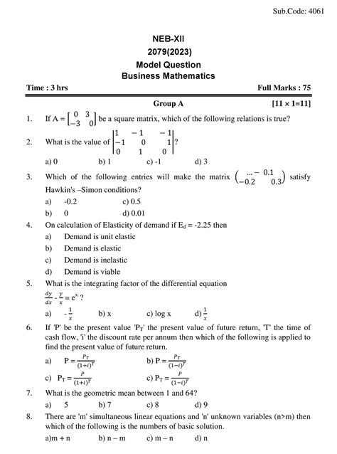 Business Mathematics Neb Grade 12 Model Question 2079 2023