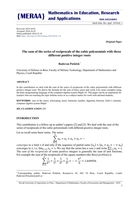 Pdf The Sum Of The Series Of Reciprocals Of The Cubic Polynomials