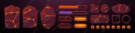 용암 돌 Ui 게임 프레임 및 화산 버튼 벡터 Gui 앱 인터페이스를 위한 마그마 텍스처와 화재가 있는 화산 폭발 보드 빈 로드 및 진행률 표시줄 균열이 있는 격리된 록