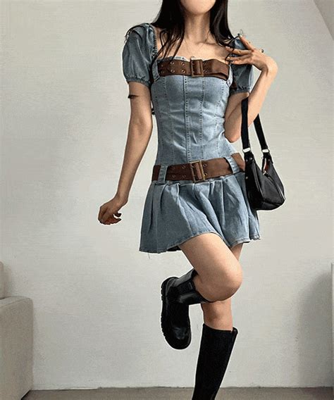 [예뻐요 ] 슈하 투벨트 데님 튜브탑 플리츠 미니 원피스 에이블리