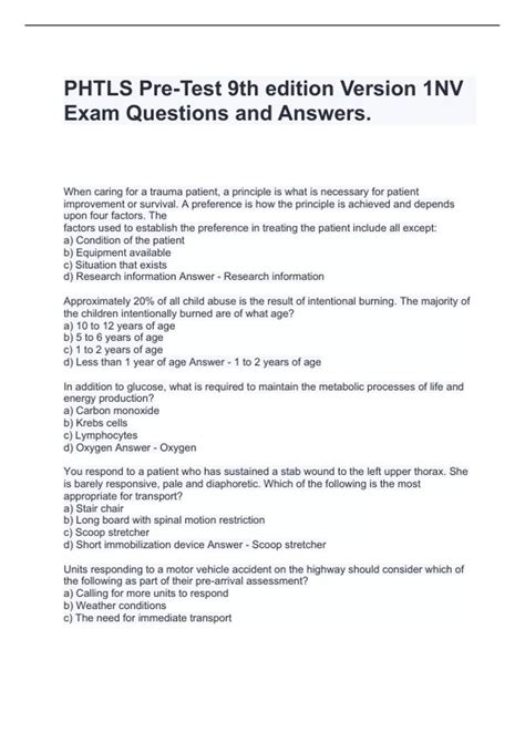 Phtls Pre Test 9th Edition Version 1nv Exam Questions And Answers Phtls Stuvia Us