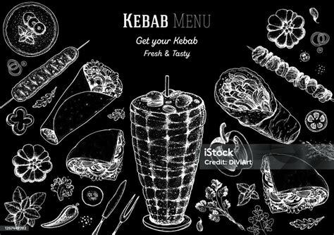 도너 케밥 요리와 케밥 스케치 일러스트에 대한 재료 아랍 요리 프레임 패스트 푸드 메뉴 디자인 요소 샤와르마 핸드 그린 프레임 중동 음식 낙서 드로잉에 대한 스톡 벡터 아트