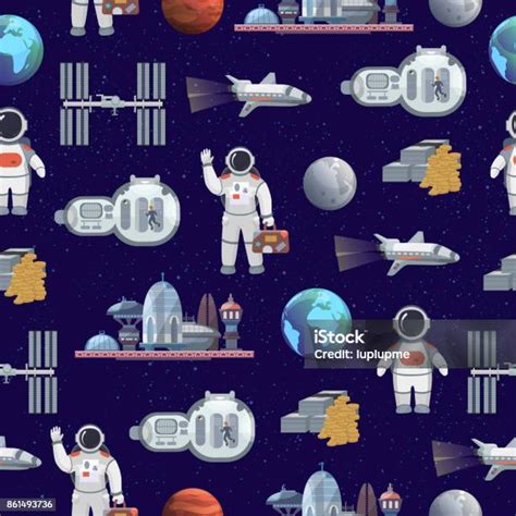 공간 관광 미래 여행 도시 벡터 일러스트 우주 비행사와 우주선 원활한 패턴 배경 거리에 대한 스톡 벡터 아트 및 기타 이미지 거리 계획 공중 Istock