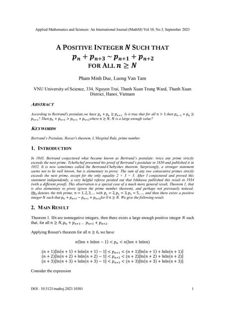 A Positive Integer 𝑵 Such That 𝒑𝒏 𝒑𝒏𝟑 ~ 𝒑𝒏𝟏 𝒑𝒏𝟐 For All 𝒏 ≥ 𝑵 Pdf