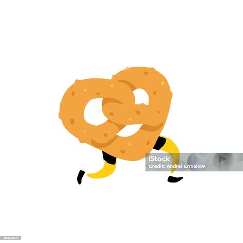 러닝 베이글의 일러스트 프레첼 을 실행합니다 다리가 있는 바삭바삭한 캐릭터 사이트의 아이콘입니다 상점에 대한 로그인 로고 신선한 베이커리 제품의 배달 가을에 대한 스톡 벡터