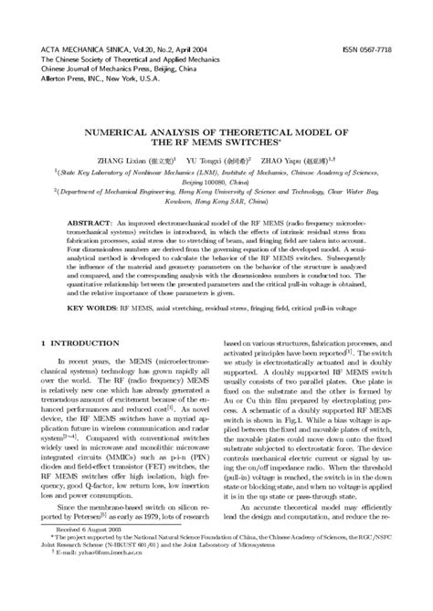 Pdf Numerical Analysis Of Theoretical Model Of The Rf Mems Switches