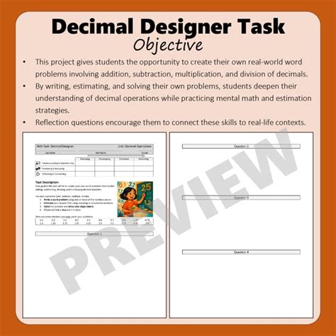 Decimal Design Project Decimal Operations Word Problems Math 7 Rich