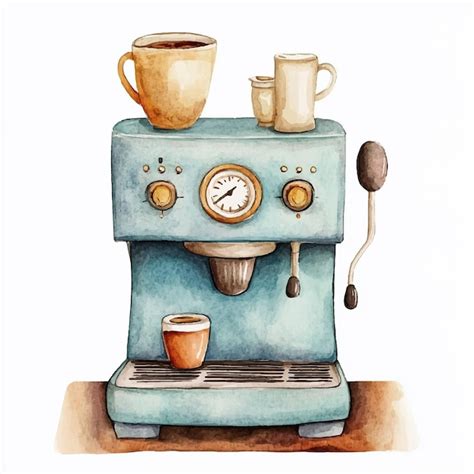 귀여운 커피 기계 수채화 클리파트 일러스트레이션 고립 프리미엄 Ai 생성 벡터