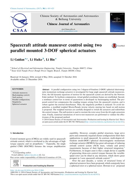 Pdf Spacecraft Attitude Maneuver Control Using Two Parallel Mounted 3 Dof Spherical Actuators