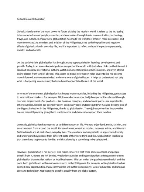 Reflection On Globalization Pdf Globalization Economies