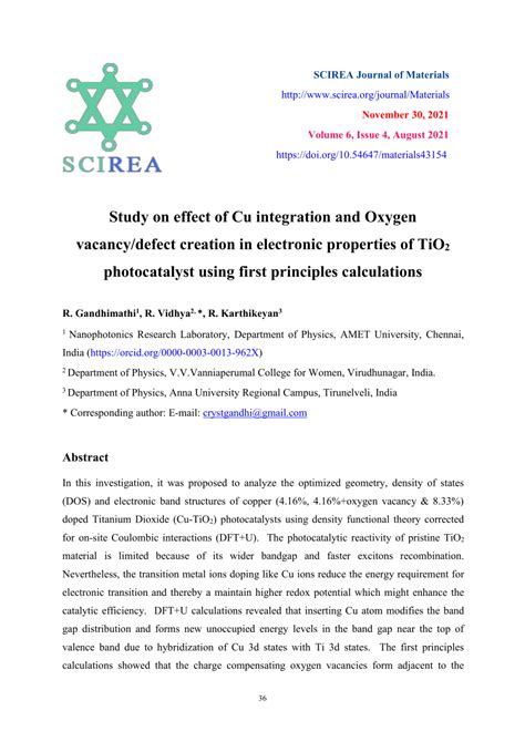PDF Study On Effect Of Cu Integration And Oxygen Vacancy Defect Creation In Electronic