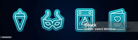 와플 콘 축제 마스크 캘린더 파티 엽서에 라인 아이스크림을 마음으로 담아보세요 빛나는 네온 아이콘입니다 벡터 달력 날짜에 대한 스톡 벡터 아트 및 기타 이미지 Istock