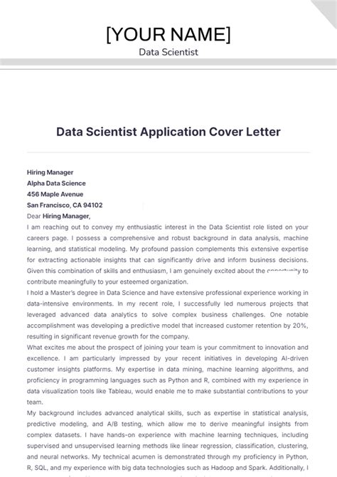 Free Data Scientist Application Cover Letter Template To Edit Online
