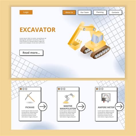 굴삭기 평면 방문 페이지 웹 사이트 템플릿 곡괭이 마스터 매니퓰레이터 전류계 웹 배너 프리미엄 벡터