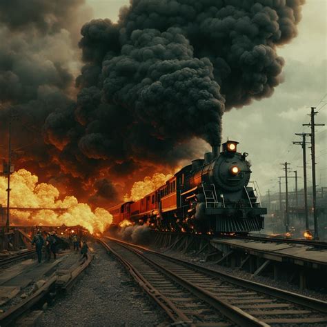 Train On Exploding Bridge Cinematic Film Still Ai Art