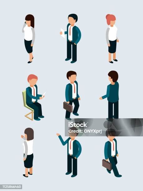 아이소메트릭 비즈니스 사람입니다 젊은 남성 여성 관리자 감독 직장인 액션에서 포즈 팀 대화 벡터 3d 비즈니스 문자 3차원 형태에 대한 스톡 벡터 아트 및 기타 이미지