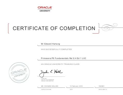 Certificate Oracle Primavera P6 Oracle University