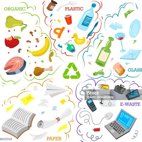 回收垃圾元素分揀和利用食品廢料 金屬 紙 塑膠 電池 玻璃 有機生態符號離析分離與行業經營理念處置垃圾箱向量圖形及更多式樣圖片 Istock