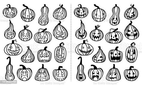 할로윈 축하 관련 잭 오 랜턴 다른 얼굴 표정으로 새겨진 호박 손으로 그린 벡터 만화 일러스트 레이 션의 컬렉션 10월에 대한 스톡 벡터 아트 및 기타 이미지 Istock