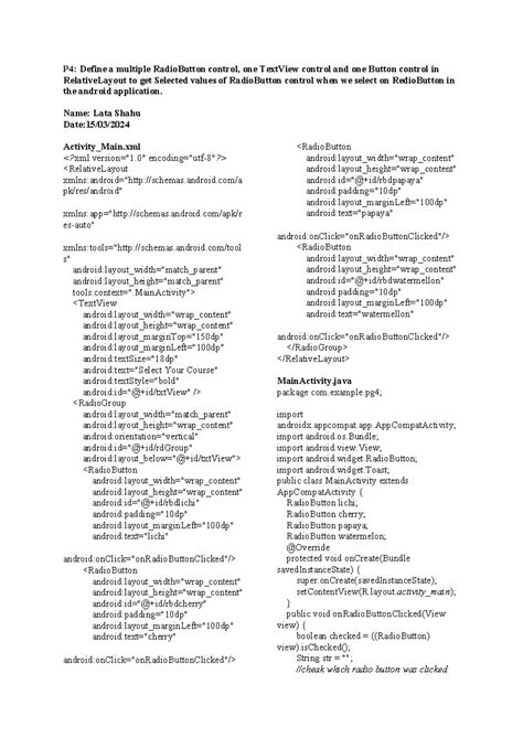 Program 4 Android P4 Define A Multiple Radiobutton Control One Textview Control And One