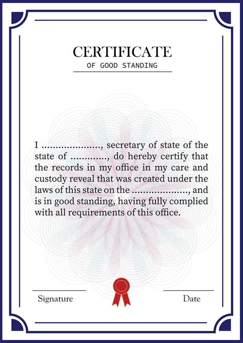 Certificate Of Good Standing Blank Printable Template In Pdf And Word