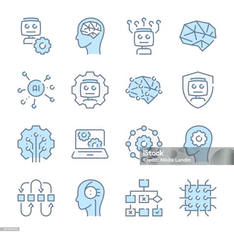 인공 지능 관련 블루 라인 컬러 아이콘 기계 학습 및 로봇 알고리즘 프로세스 아이콘 세트 감정에 대한 스톡 벡터 아트 및 기타