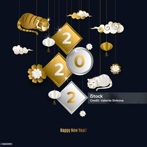 황금빛과 흰 호랑이 구름 등불 아시아 패턴의 검은 배경에 꽃 종이 스타일 문자 새해 복절을 매달려 중국 설날 2022 배너 벡터 그림입니다 0명에 대한 스톡 벡터 아트 및