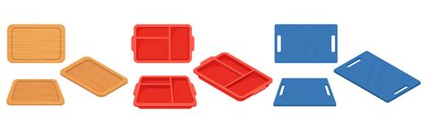 플라스틱 식품 트레이 세트 음식을 운반하고 패스트 푸드 시설 및 카페테리아에서 제공하는 쟁반 나무 금속 및 플라스틱으로 만든 쟁반 벡터 그림입니다 0명에 대한 스톡 벡터