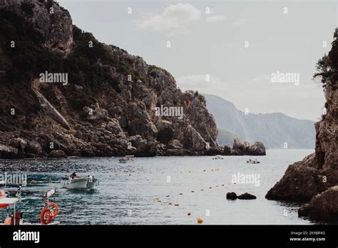 Corfu Greece 20221004 Huge Sand Rock Cliffs Through Which A Water