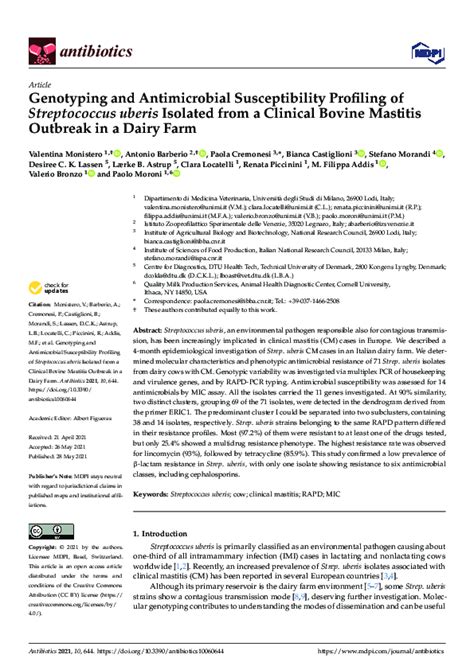 Pdf Genotyping And Antimicrobial Susceptibility Profiling Of Streptococcus Uberis Isolated