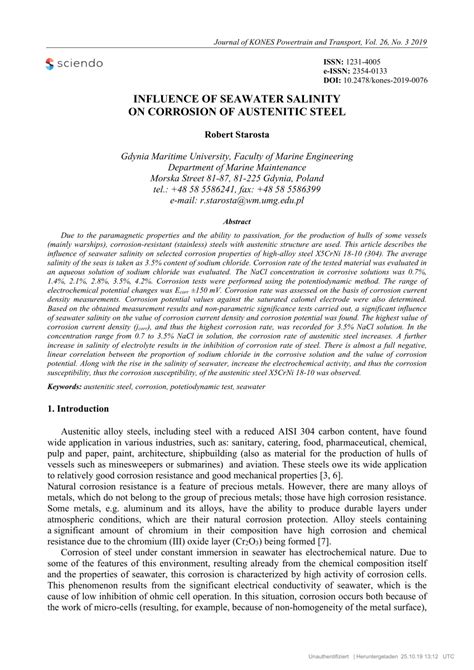 Pdf Influence Of Seawater Salinity On Corrosion Of Austenitic Steel