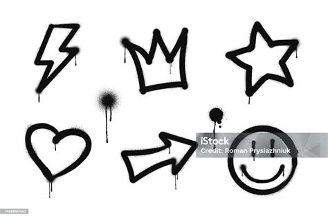 낙서 그리기 기호를 설정합니다 번개 화살 왕관 별 하트 및 미소의 낙서 스프레이 패턴을 그렸습니다 스프레이 페인트 요소 거리