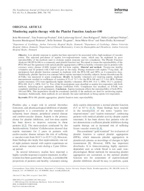 Pdf Monitoring Aspirin Therapy With The Platelet Function Analyzer‐100