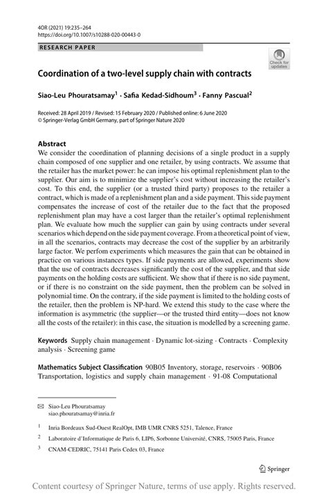Coordination Of A Two Level Supply Chain With Contracts