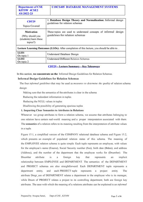 Dbms Cdt29 Summary 4cse2 Kitsw 4cse Ay2022 Cdt Topics Covered Database Design Theory And