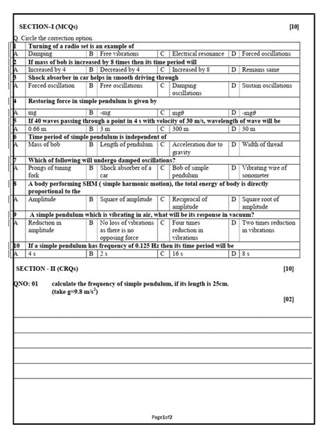 Chap 7 Test 1 Pdf Oscillation Pendulum