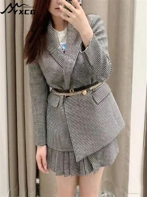 여성용 긴팔 플리티드 스커트 정장 여성용 투피스 세트 여성용 정장 코트 새로운 프랑스 블레이저 격자 무늬 트위드 세트 AliExpress