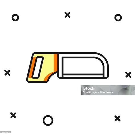 채워진 개요 Hacksaw 아이콘은 흰색 배경에 격리되어 있습니다 나무와 금속을 위한 금속 톱 그림자가 있는 평평하게 채워진 윤곽선 스타일입니다 벡터 가득 찬에 대한 스톡