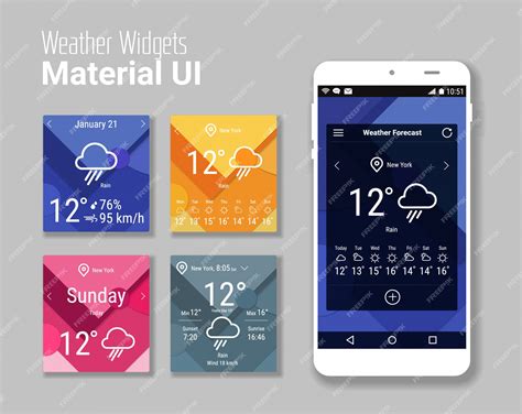 Premium Vector Trendy Mobile App Weather Widgets Ui Kit On Trendy Material Background With
