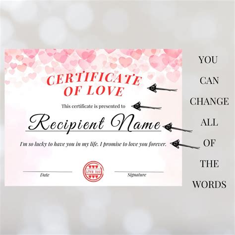 Editable Certificate Of Love Appreciation Award Pdf Etsy