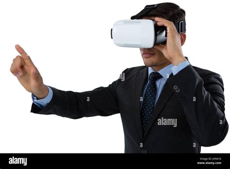 Businessman Gesturing While Using Vr Glasses Against White Background