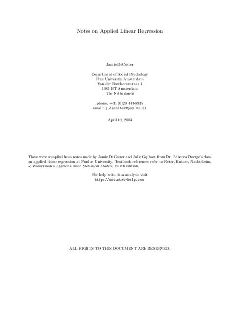 Pdf Notes On Applied Linear Regression