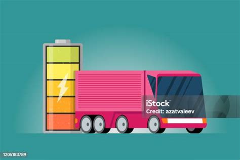 번개 아이콘과 분홍색 전기 트럭과 고전력 배터리 충전 에너지 표시기 현대 전기 자동차 기술과 미래의 에코 트럭 운송 개념 벡터