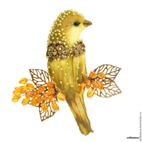 Брошь Оливковая птичка Вышитая бисером текстильная брошь купить или заказать в интернет