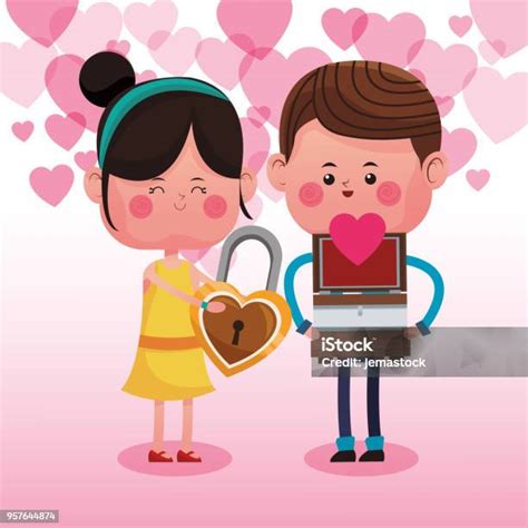 คู่น่ารักในการ์ตูนรัก ภาพประกอบสต็อก ดาวน์โหลดรูปภาพตอนนี้ การทักทาย ท่าทาง การร่วมกัน